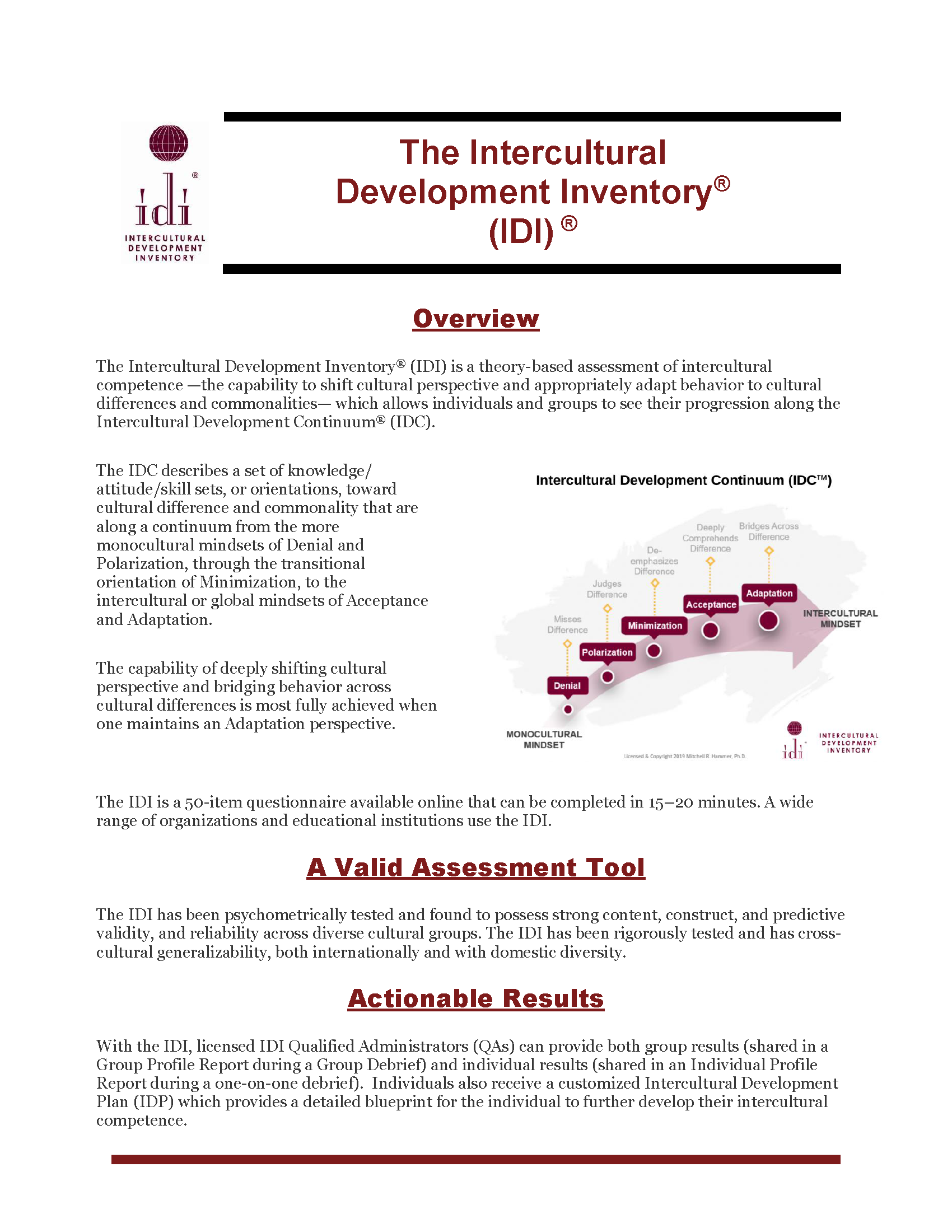One-Page Overview of the IDI – IDI, LLC